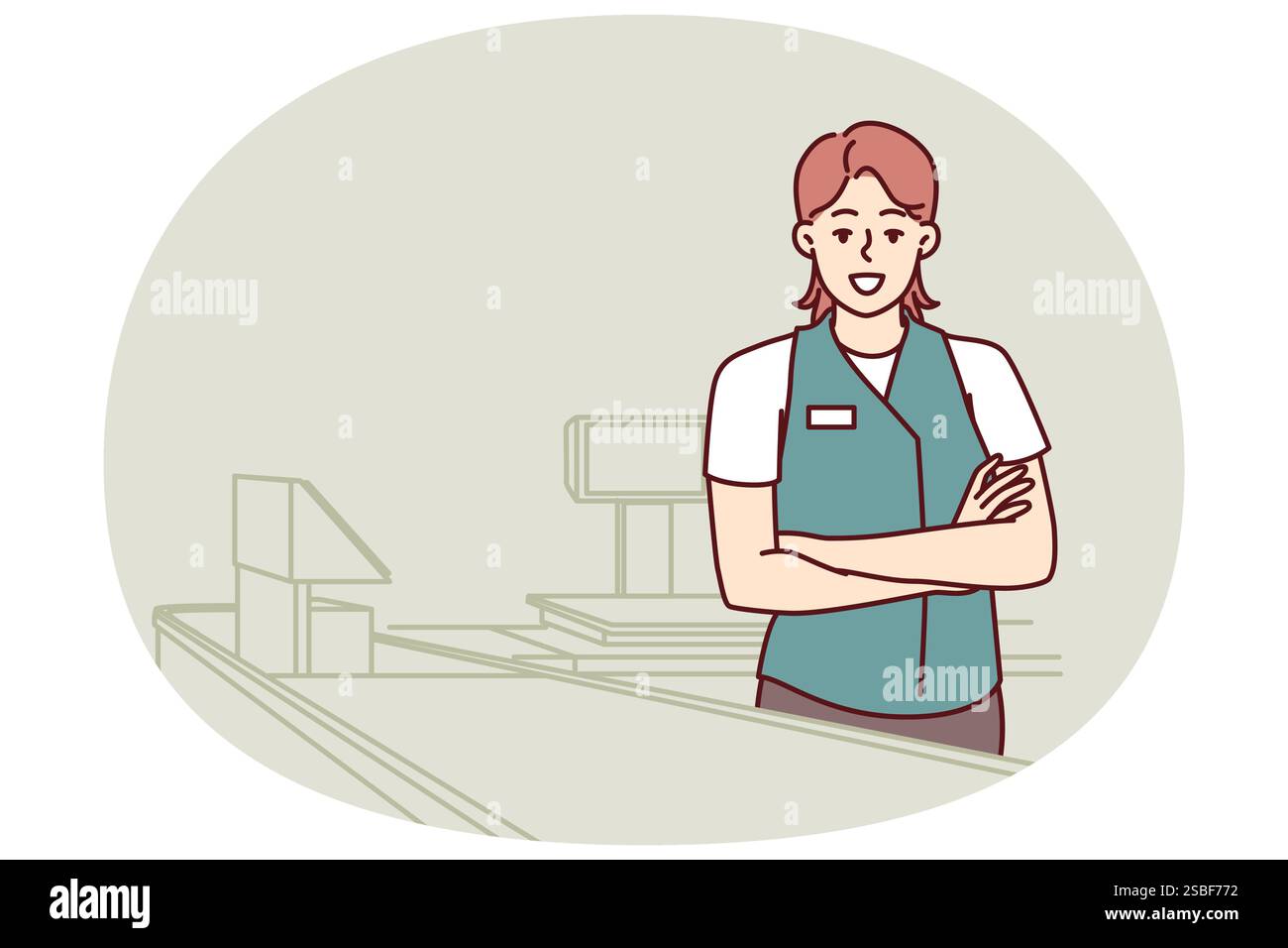 Woman supermarket cashier stands in checkout area of store and looks ...