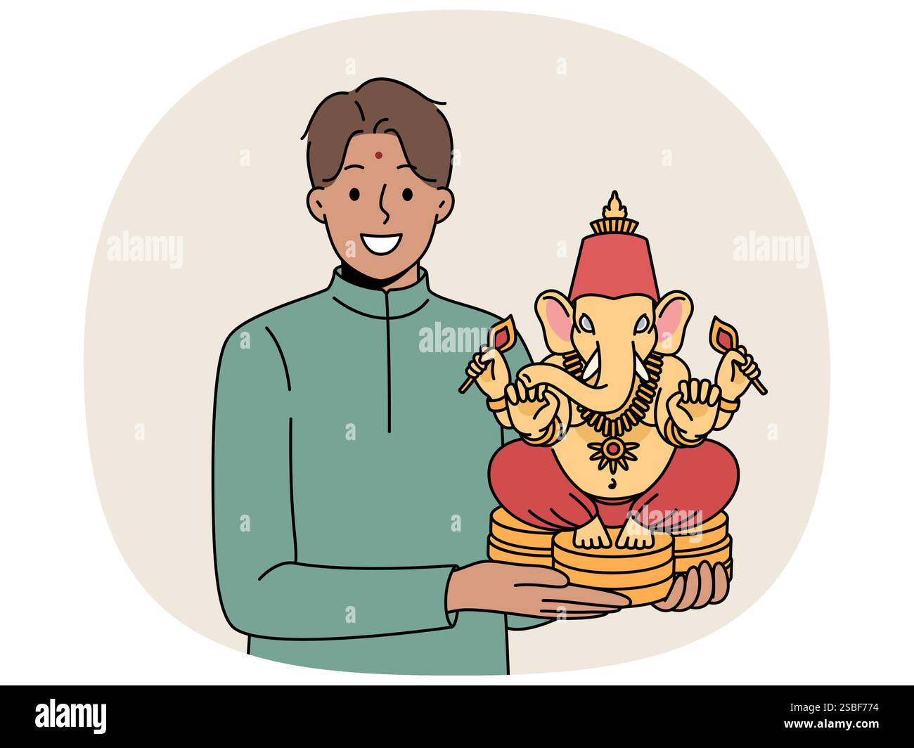 Indian man holds figurine of Lord Ganesha and smiles, demonstrating ...