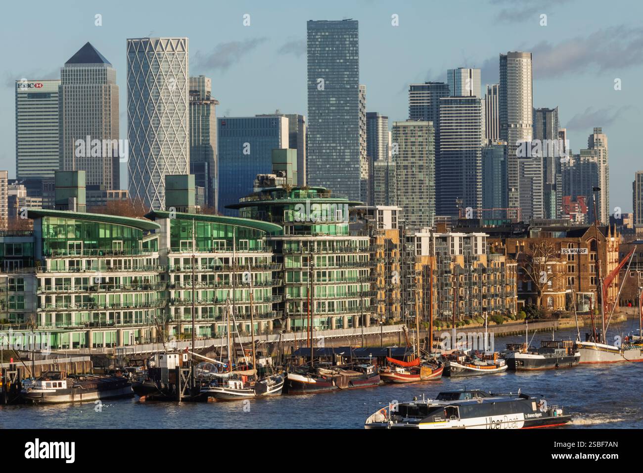 England, London, Docklands, River Thames and Canary Wharf Skyline Stock ...