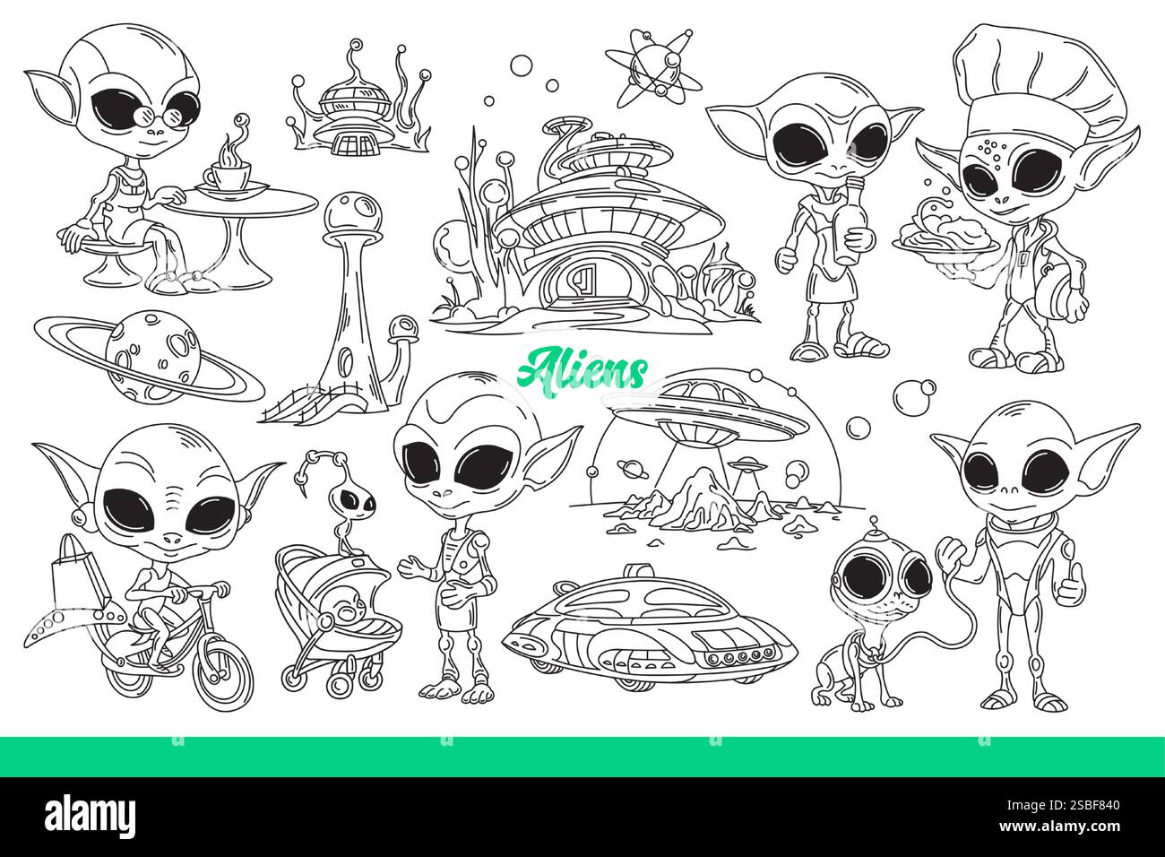 Aliens and martians living in space with big heads and huge eyes near ...