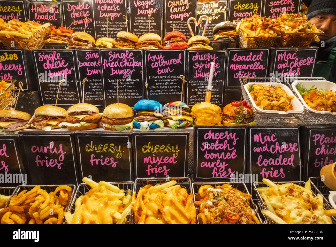 England, London, Street Market Food Stall Display of Burgers and Junk ...