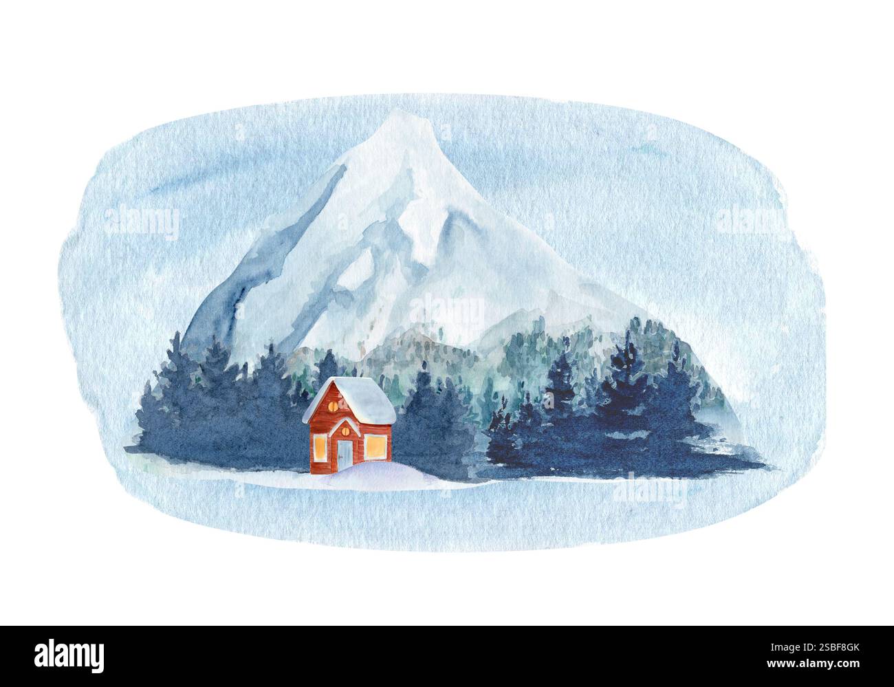 Red log house, conifer forest, and a mountain landscape composition on ...