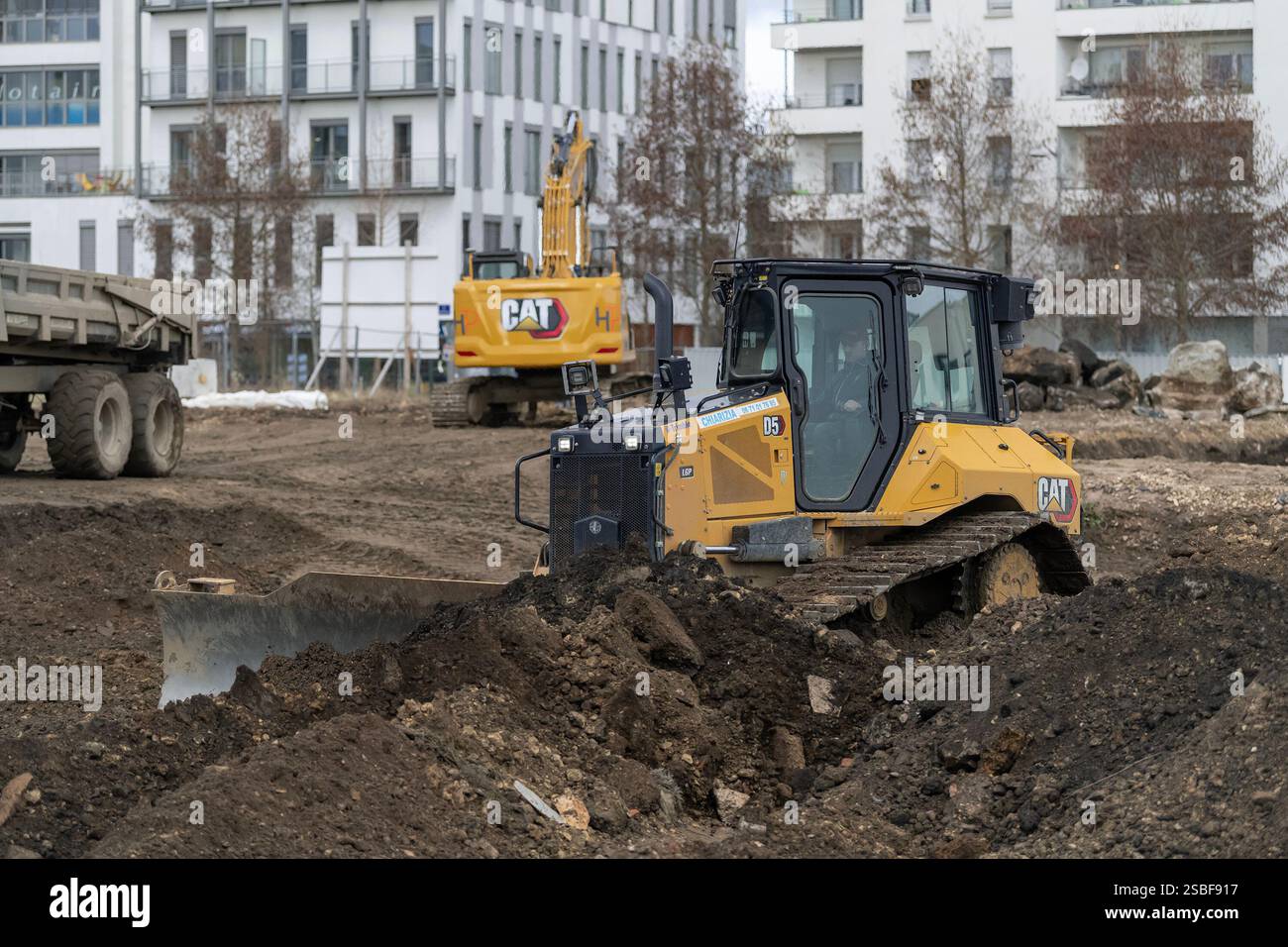 Nancy, France - View on a bulldozer CAT D5 with a tractor and a crawler ...