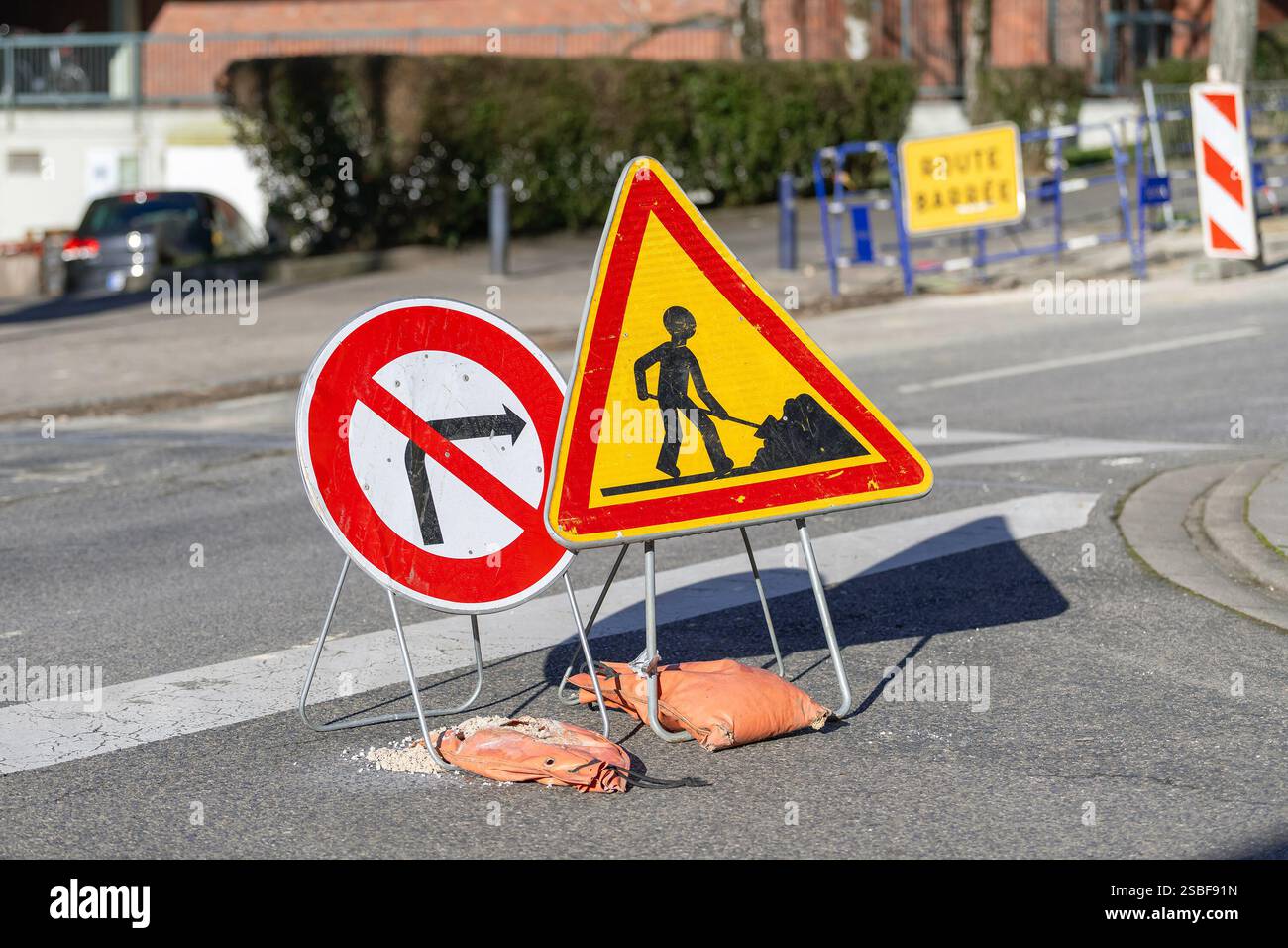 Nancy, France - View of road signs indicating a construction zone on a ...
