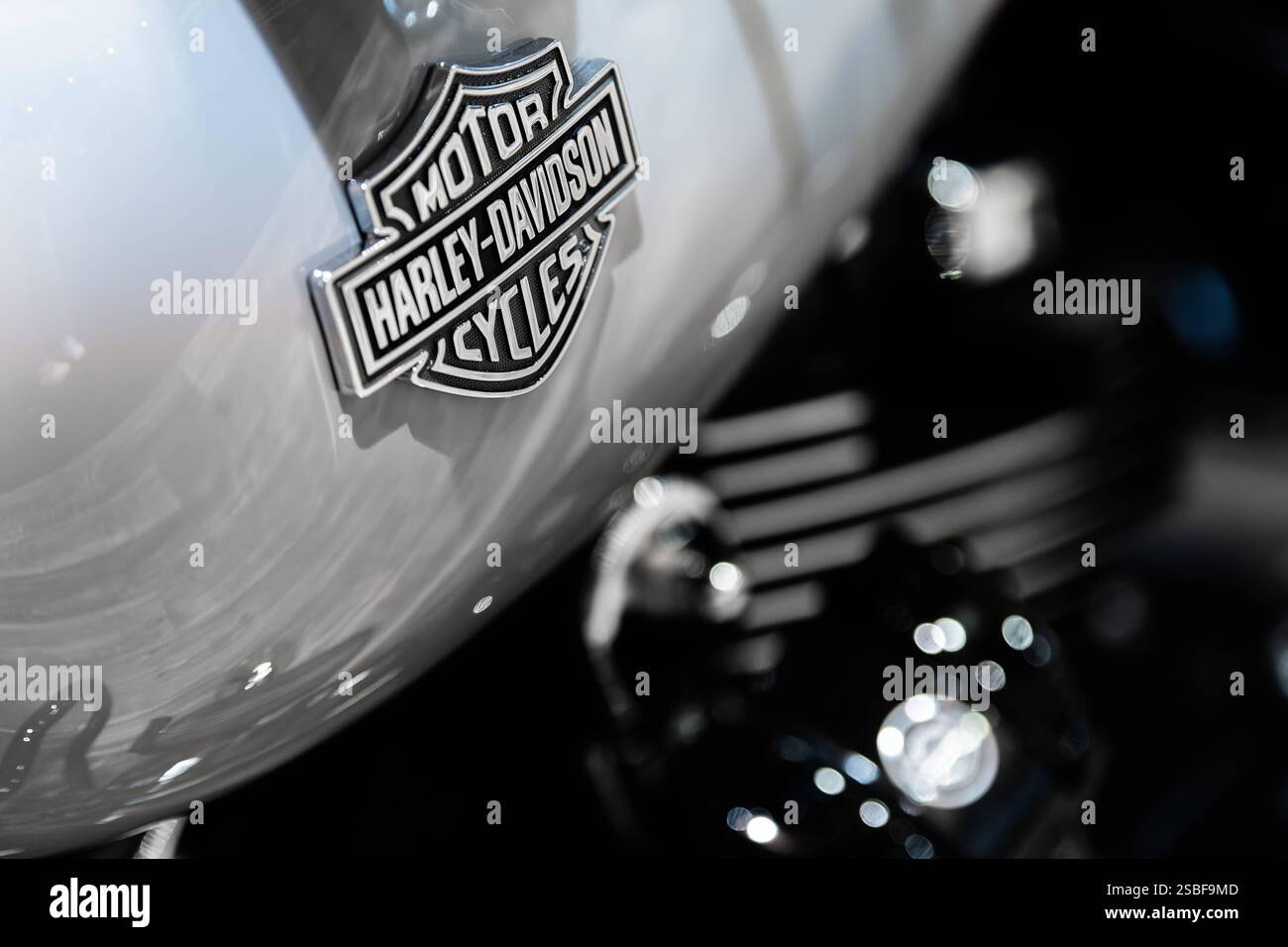 Das Logo der Motorradmarke Harley-Davidson ist während der Motorradwelt ...