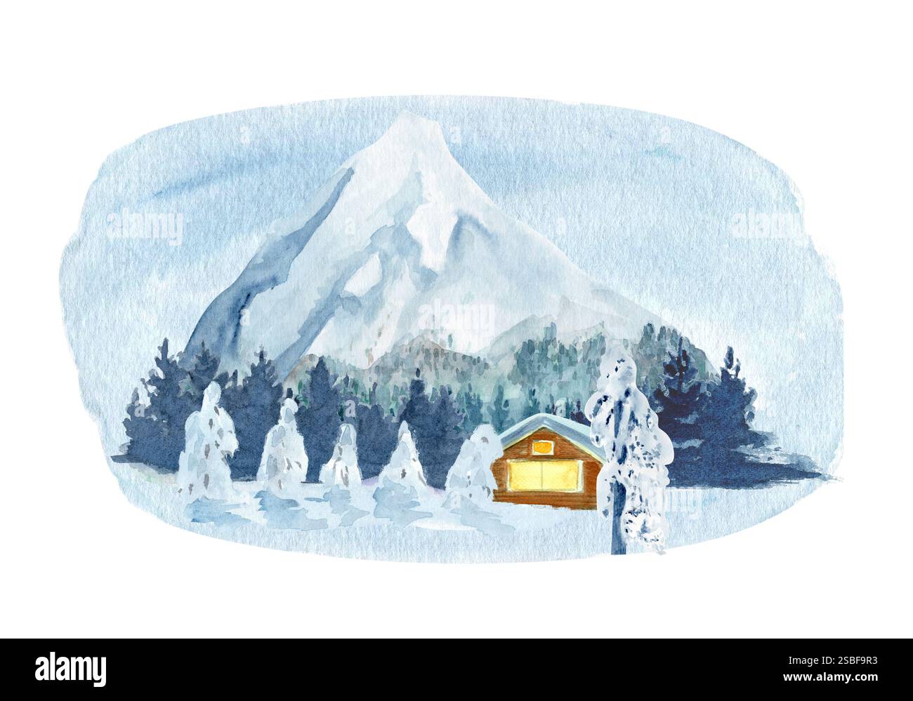 Log house, mountain, forest winter landscape isolated on white ...