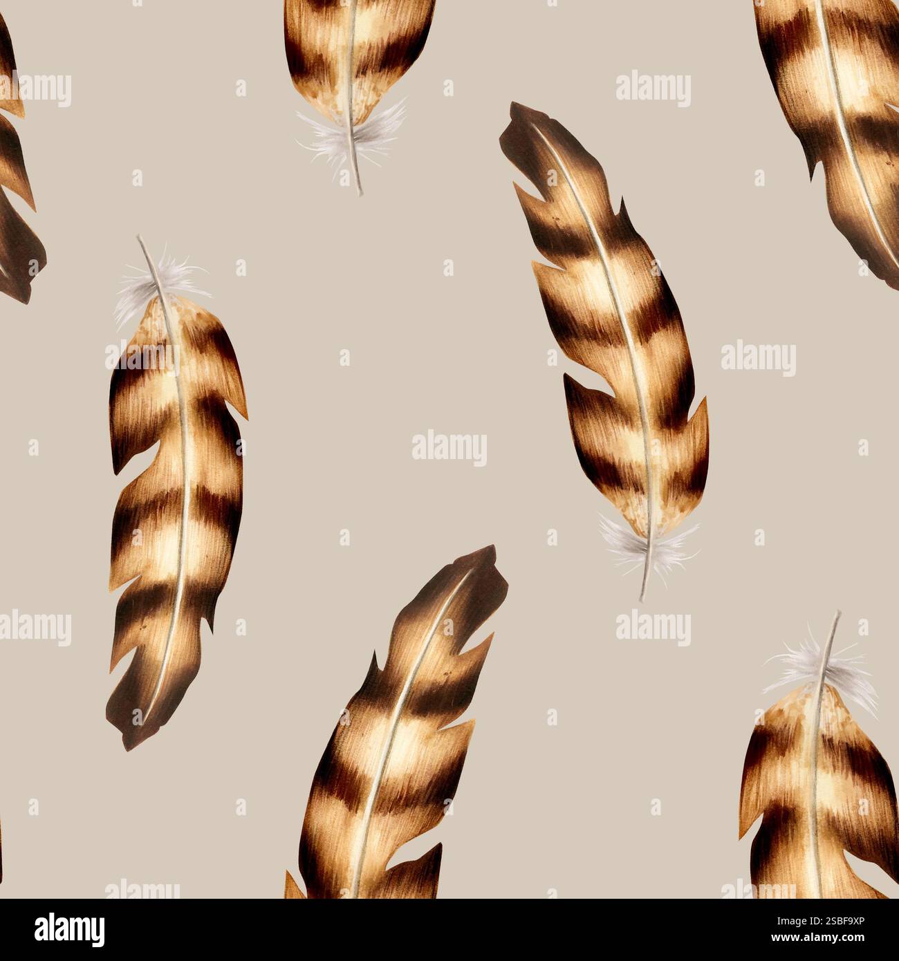 Hand drawn seamless pattern with feather, watercolor realistic boho ...