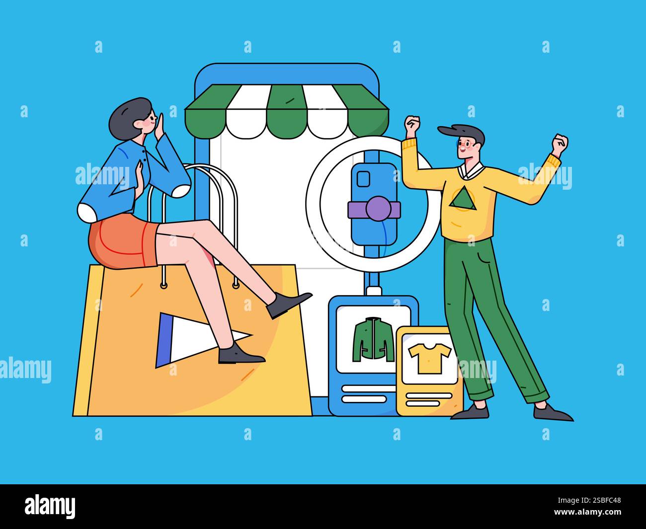 Internet celebrity live broadcast with goods vector internet hand drawn ...