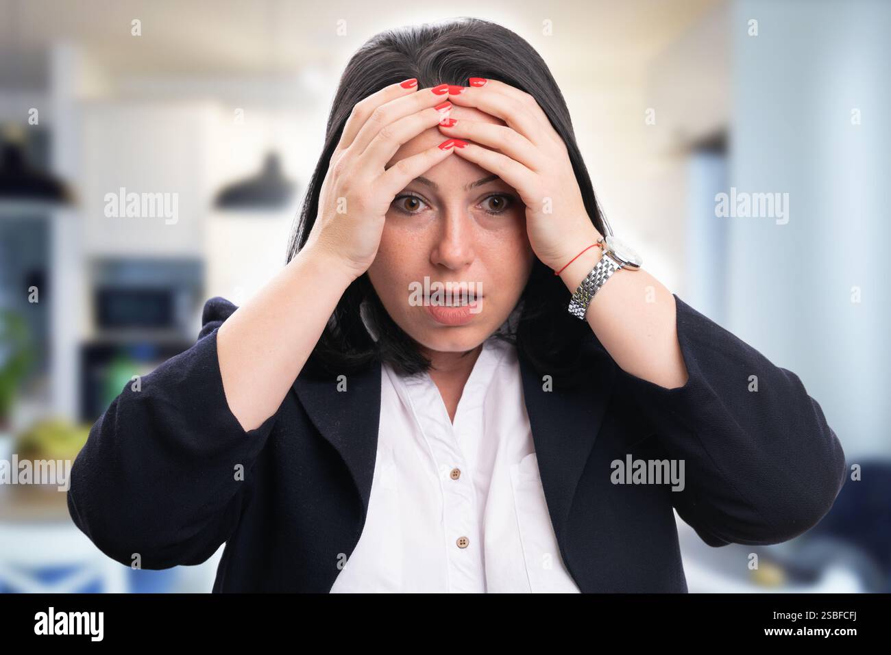 Corporate businesswoman in office work suit making shocked gesture ...
