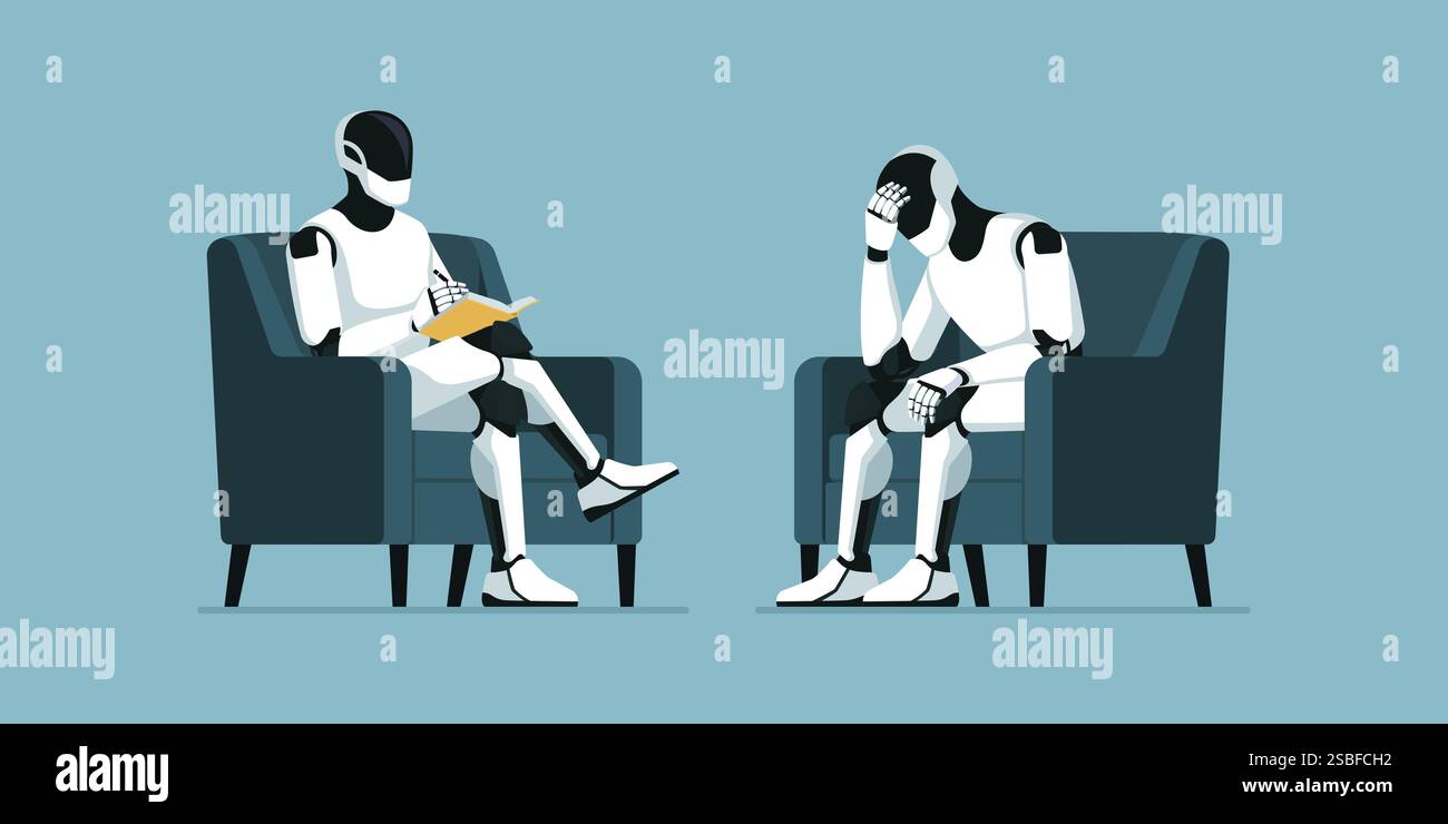 Humanoid AI robots talking together in a psychotherapy session, artificial psychology concept ...
