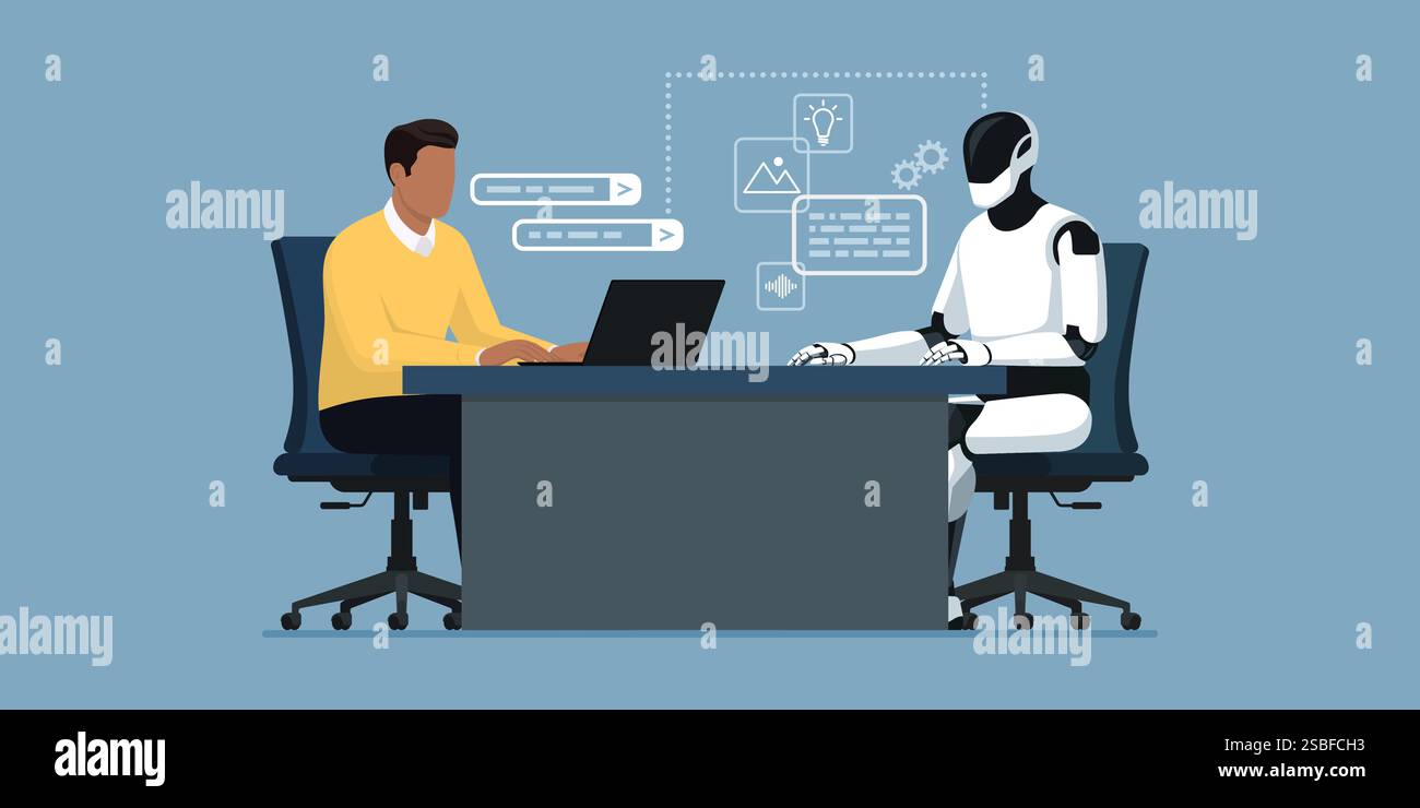 Man and robotic humanoid working together in the office, the man is ...