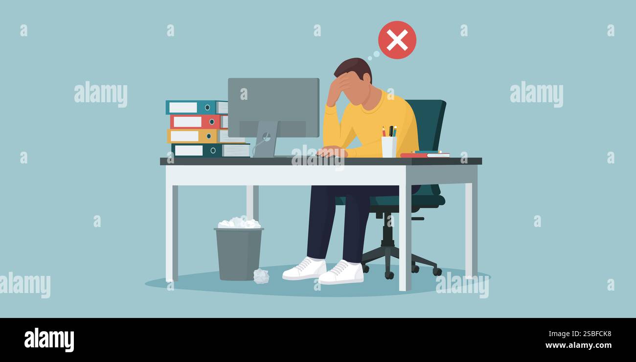 Tired exhausted employee sitting at the office desk, he is unhappy and ...