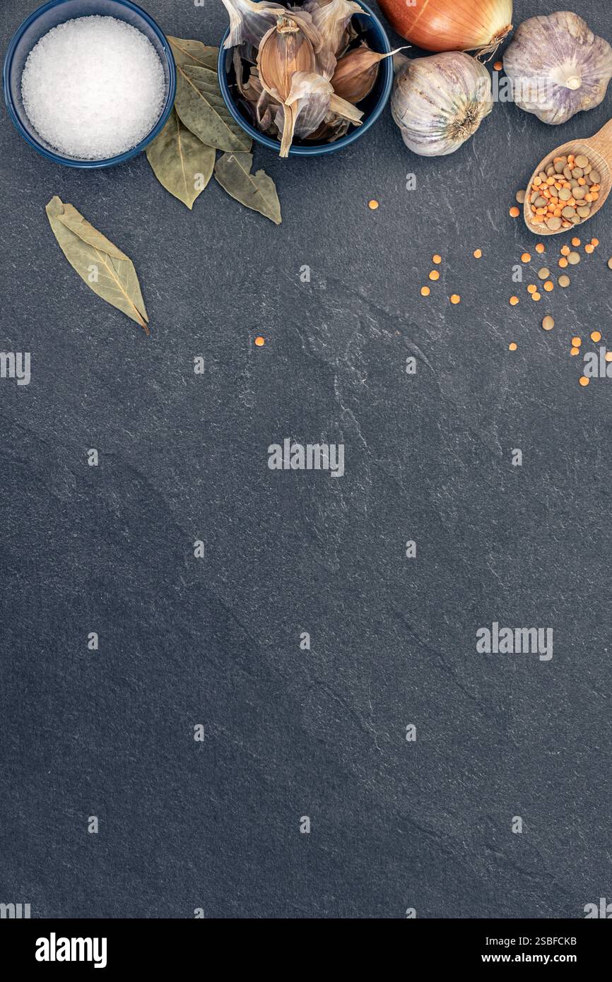 Cooking ingredients background. Food background with spices, herbs and ...