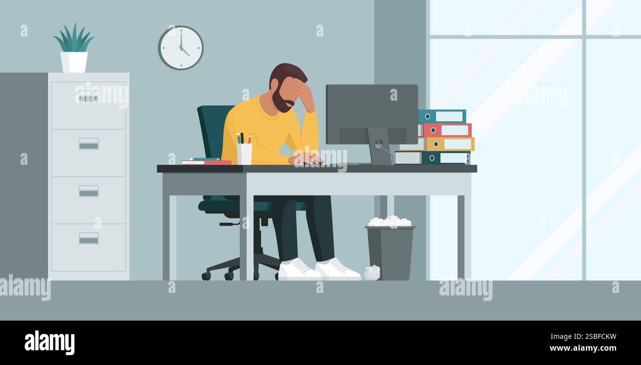 Tired exhausted employee sitting at the office desk, he is unhappy and ...