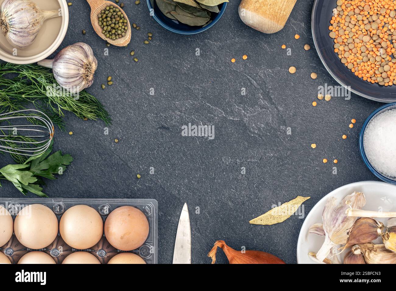 Cooking ingredients background. Food background with spices, herbs and ...