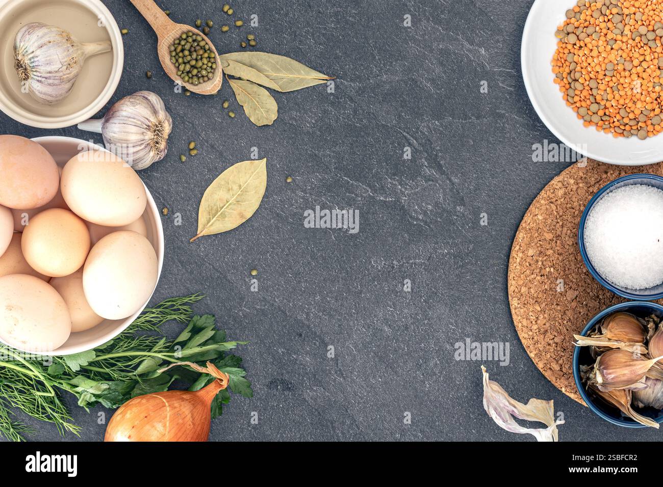 Cooking ingredients background. Food background with spices, herbs and ...