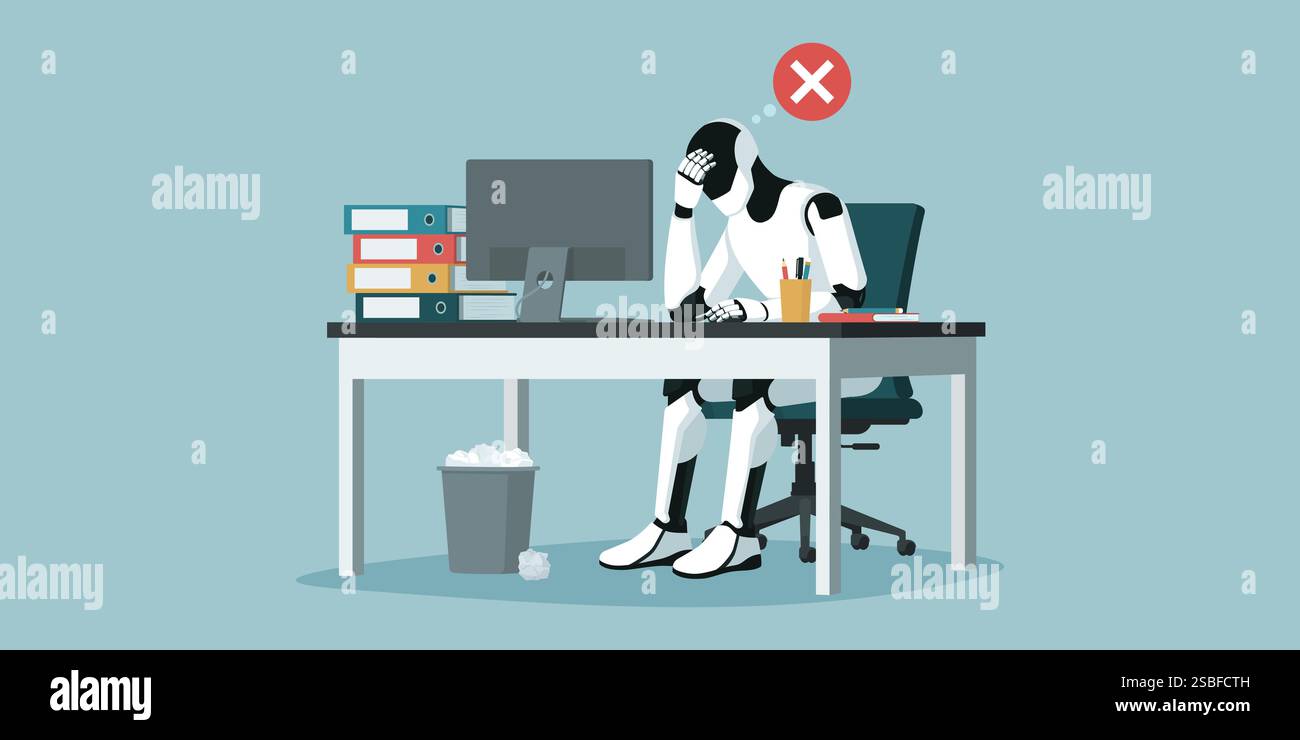 Depressed exhausted humanoid AI robot sitting at desk and working, AI ...