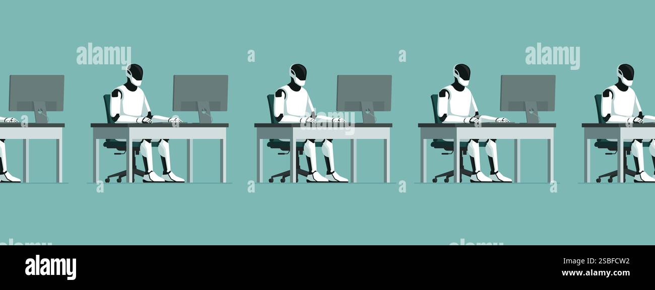 Many efficient humanoid robots sitting at desks and working, repetitive ...