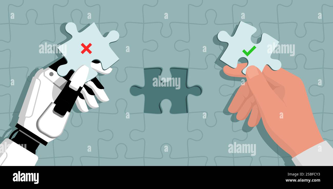 Human and AI robot completing a jigsaw puzzle, the man is holding the ...