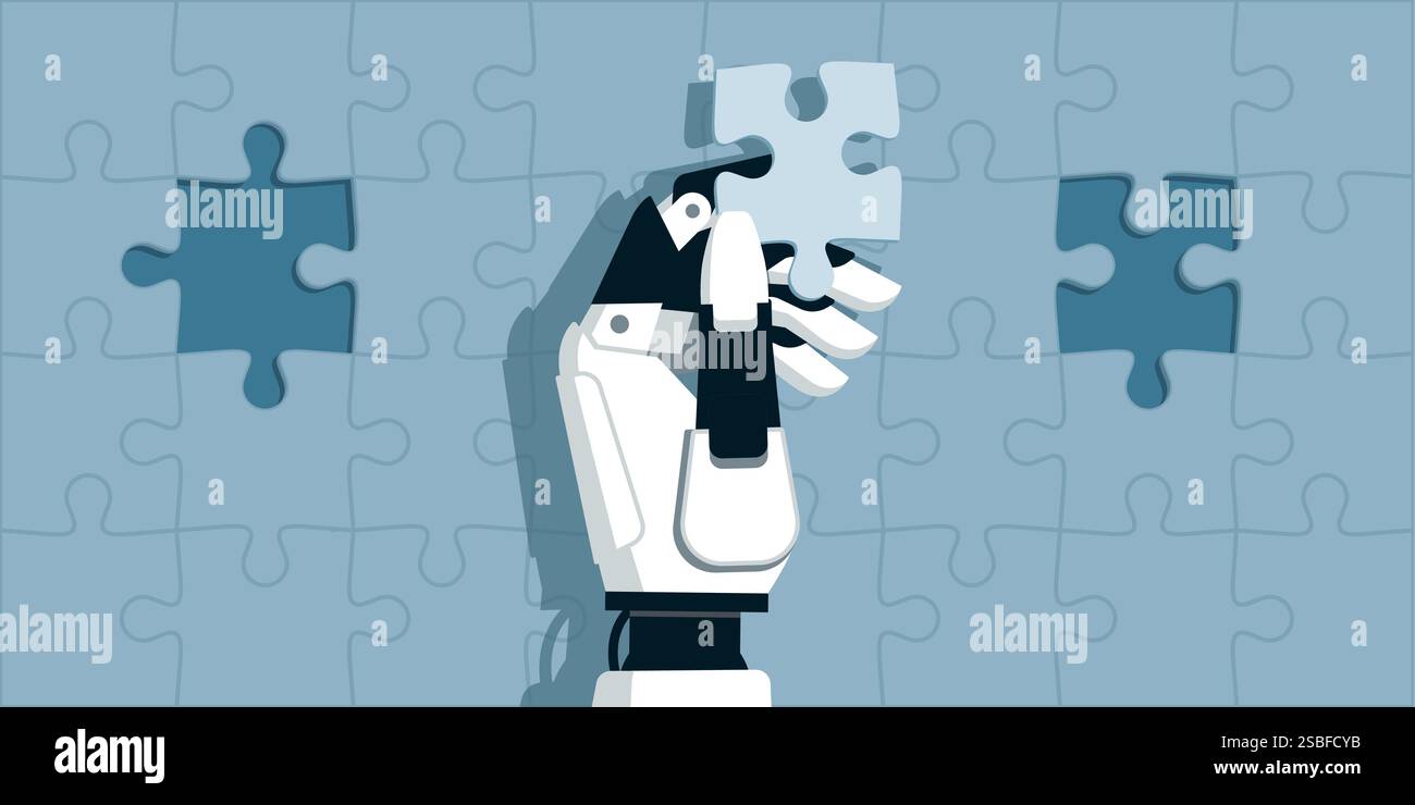 Humanoid AI robot completing a jigsaw puzzle: he is holding a piece and ...
