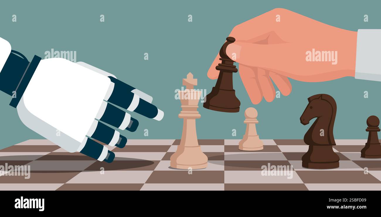 Human and AI robot playing chess together: the man defeats the robot ...