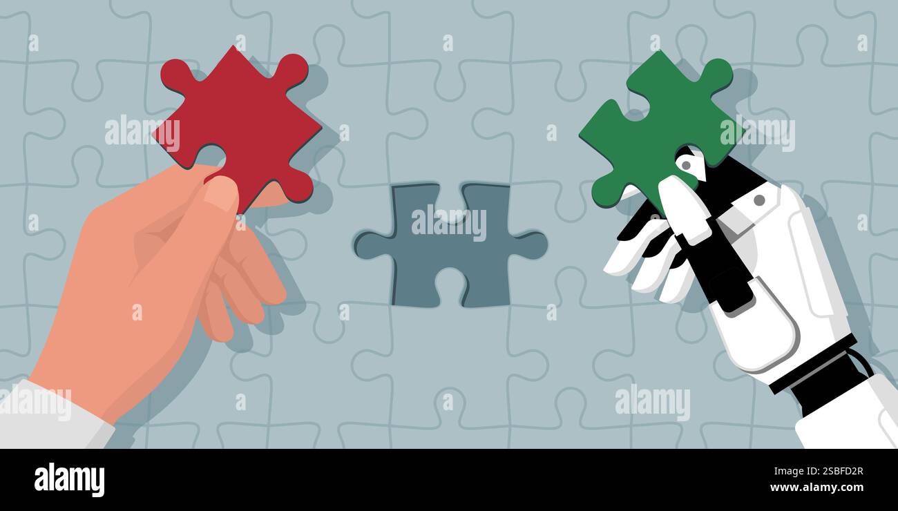 Human and AI robot completing a jigsaw puzzle, the robot is holding the ...