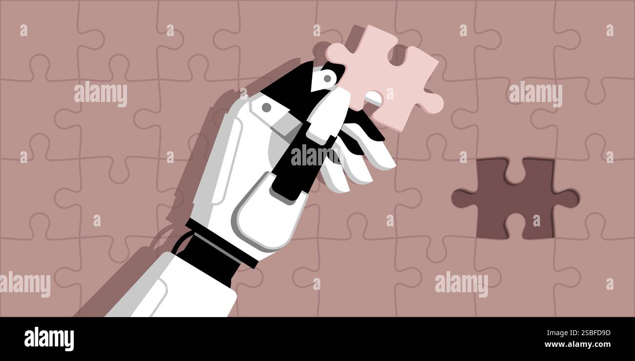 Humanoid AI robot completing a jigsaw puzzle: he is holding the correct ...