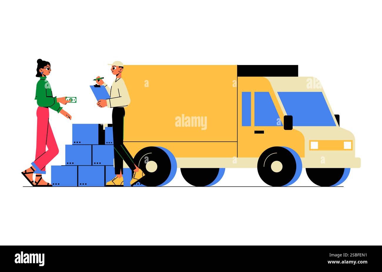 Delivery Truck And Courier Handing Parcel To Customer In Flat Vector ...