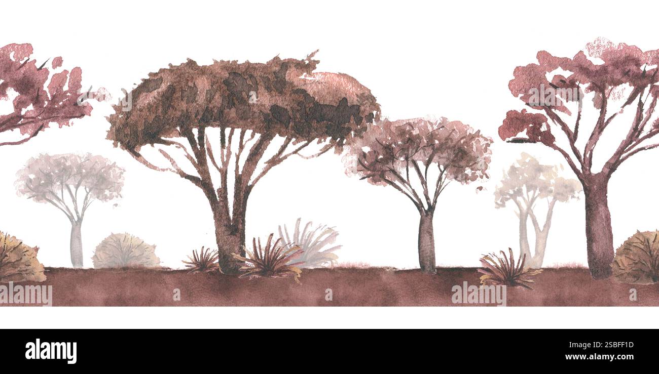 Watercolor African savanna seamless border with baobab and acacia trees ...