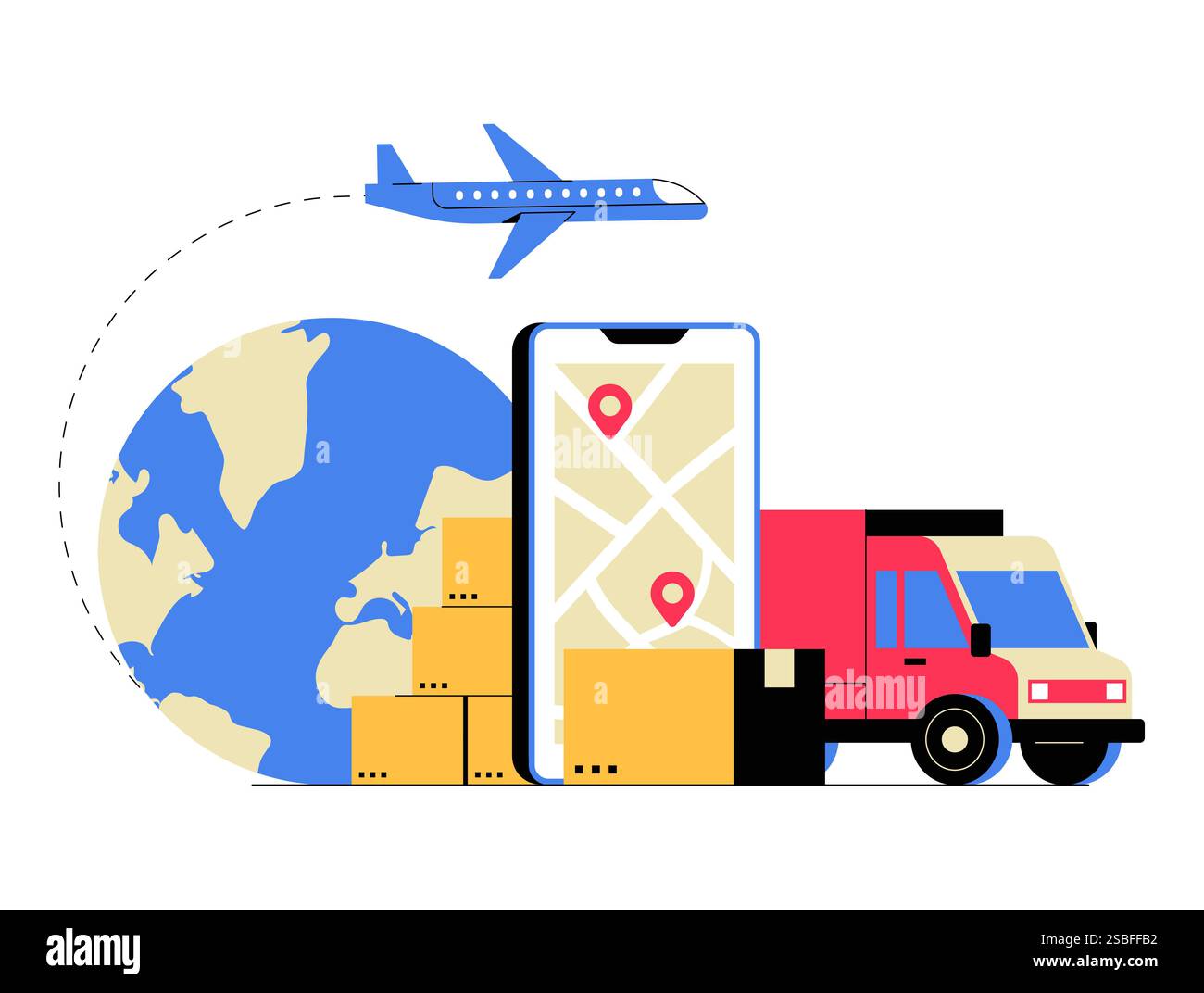 Worldwide Delivery With Truck, Packages, Smartphone Map, And Airplane ...
