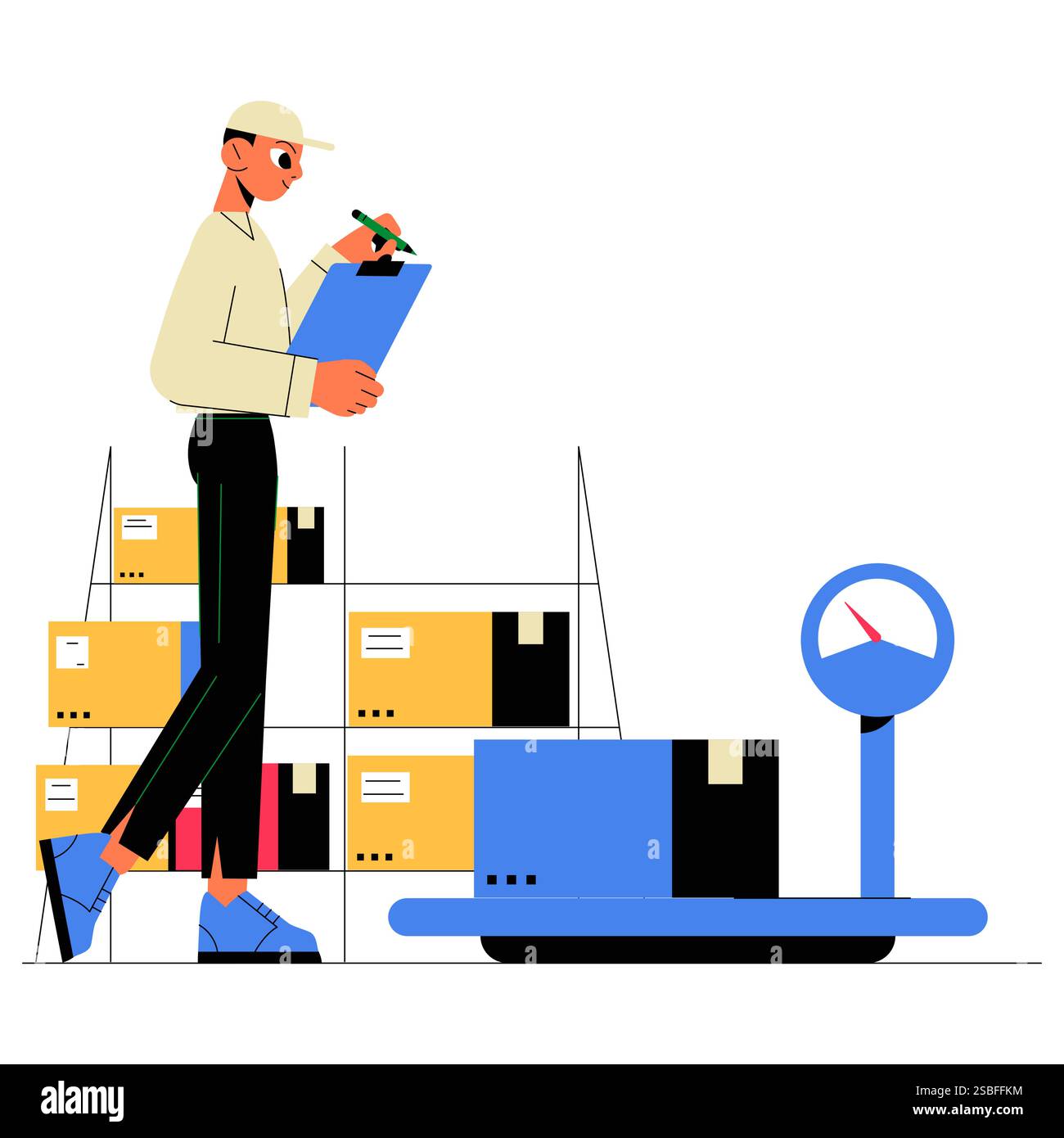 Warehouse Worker Weighing Packages In Flat Vector Illustration ...