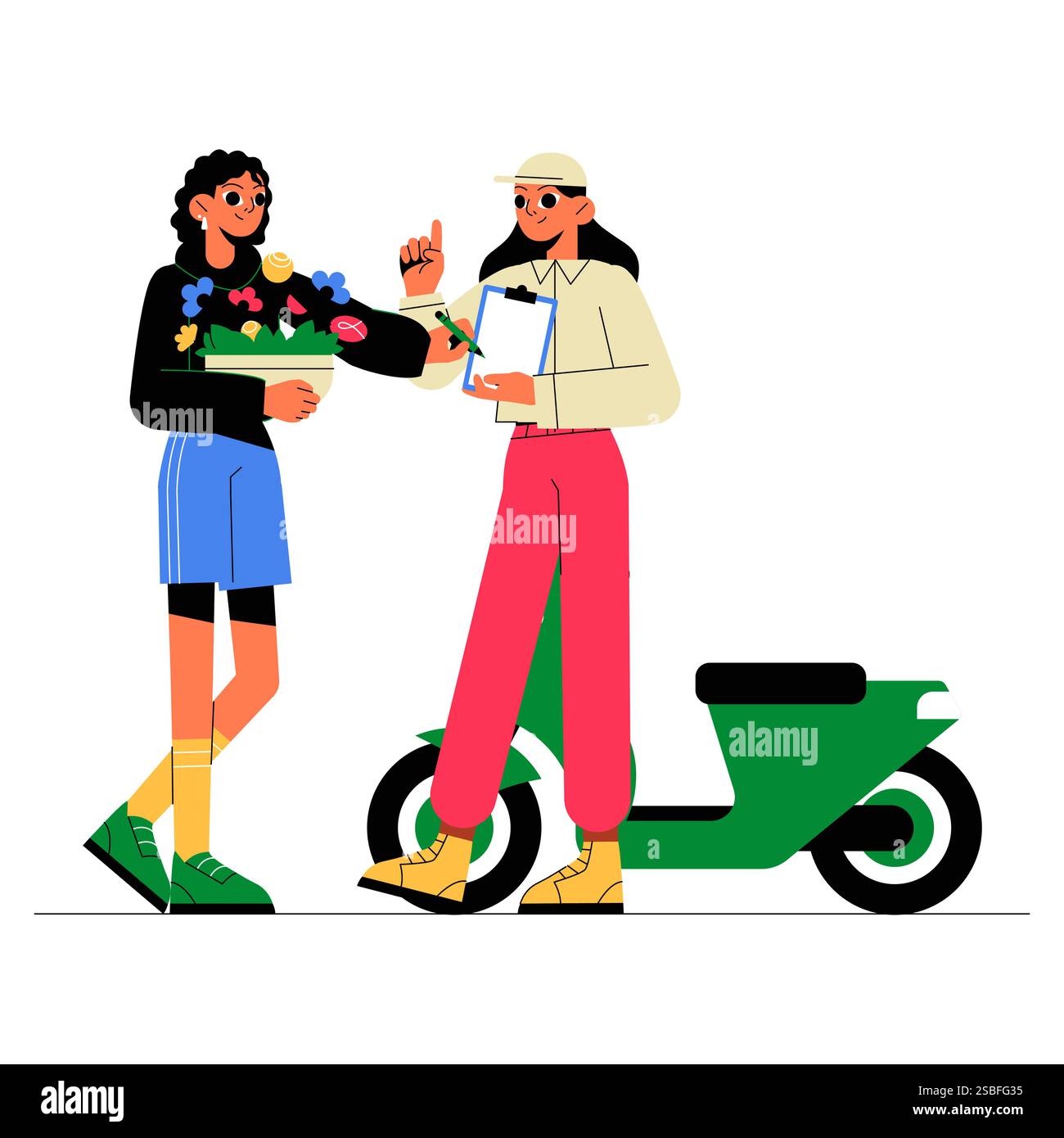 Flower Delivery Courier Handing A Bouquet To A Customer In Flat Vector ...