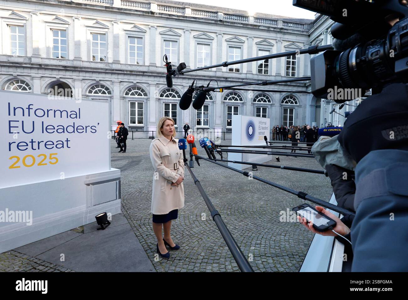 European Union foreign policy chief Kaja Kallas speaks with the media ...