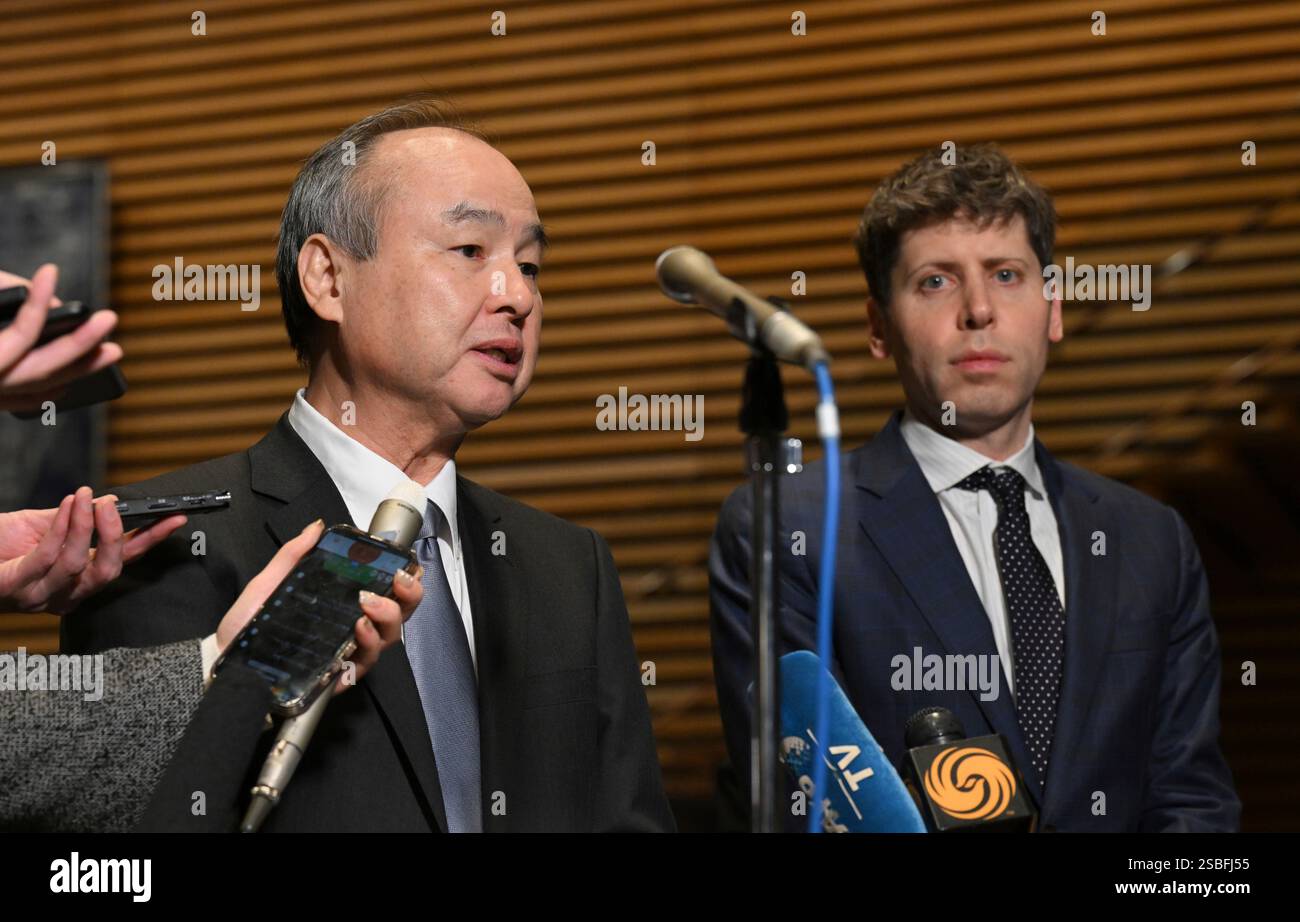 Sam Altman (R), CEO of OpenAI, and SoftBank Group Chairman and CEO ...