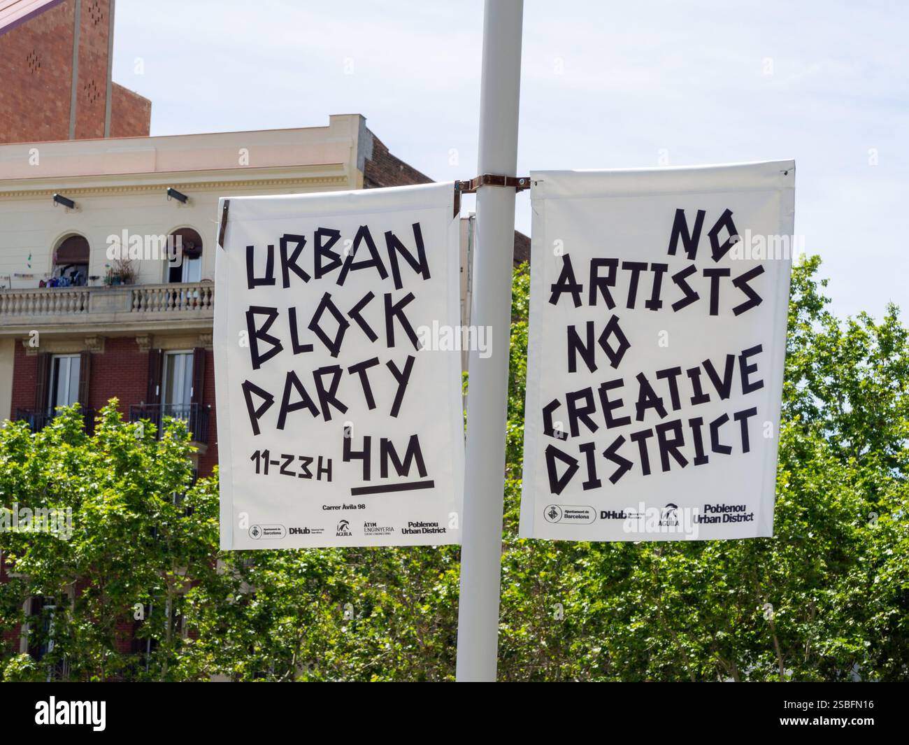 Street sign for the "Urban Block Party" in the Poblenou neighborhood of ...