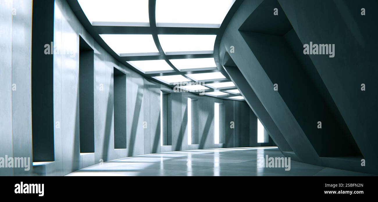 Curved Concrete Hallway with Sunlight and Shadows, Abstract Background ...