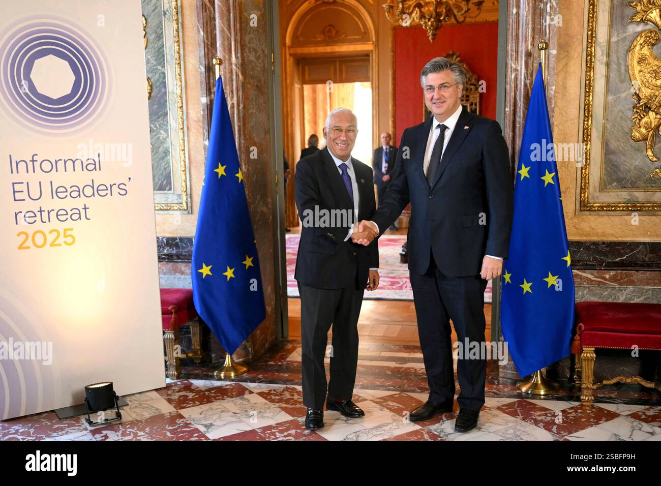 European Council President Antonio Costa, left, greets Croatia's Prime Minister Andrej Plenkovic ...