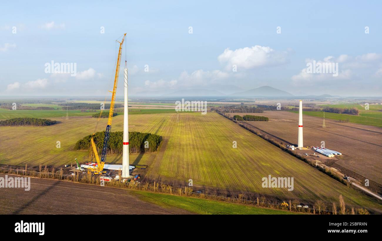 Aerial view of a wind turbine installation with a large crane Stock ...