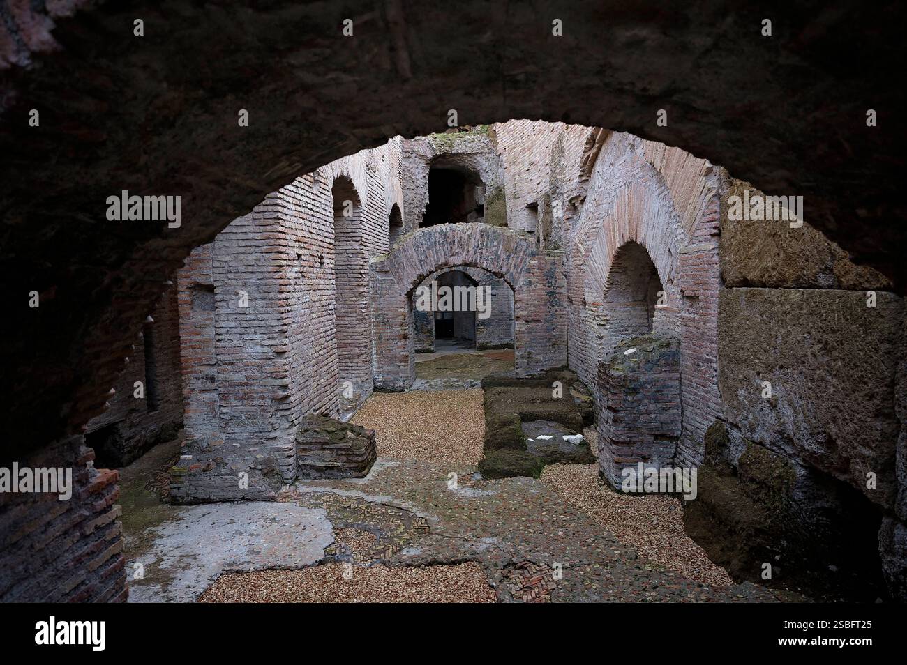 Ancient underground arches and tunnels in the Colosseum, Rome Stock ...