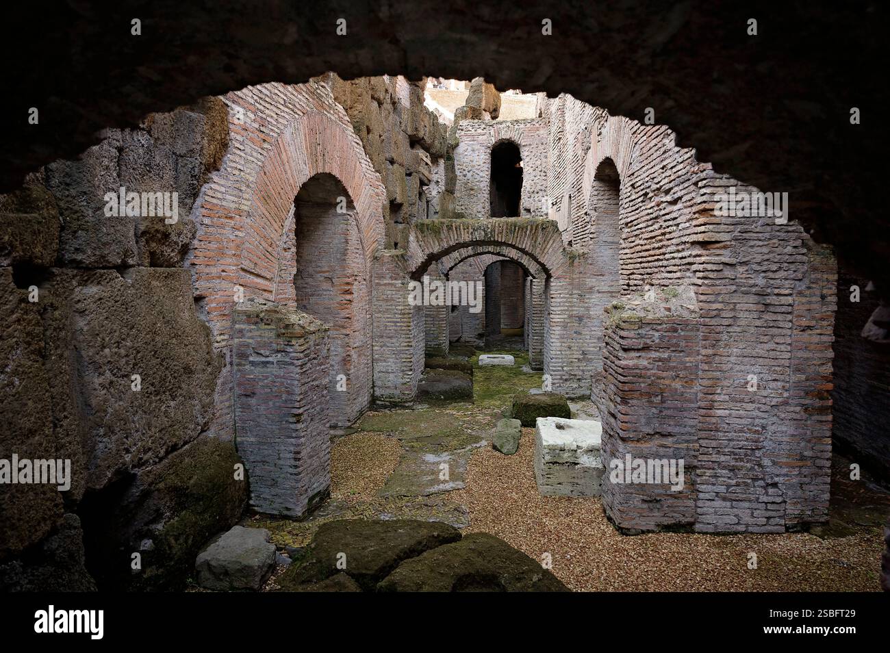 Ancient underground arches and tunnels in the Colosseum, Rome Stock ...