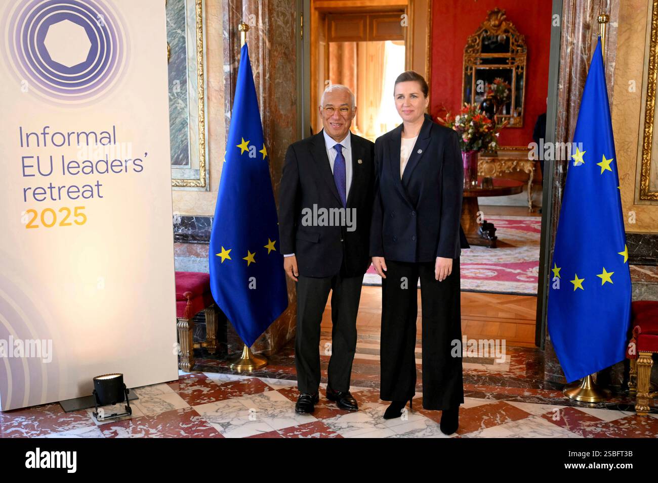 European Council President Antonio Costa, left, greets Denmark's Prime Minister Mette ...