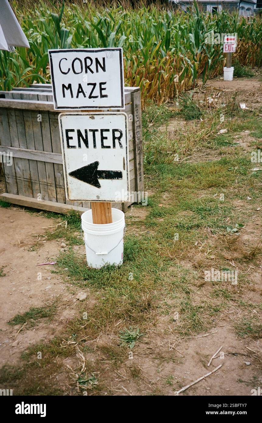 Corn maze entrance sign pointing left, set in a rural field Stock Photo ...