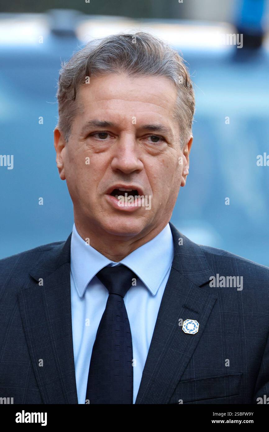 Slovenia's Prime Minister Robert Golob speaks with the media as he arrives for an EU summit at ...