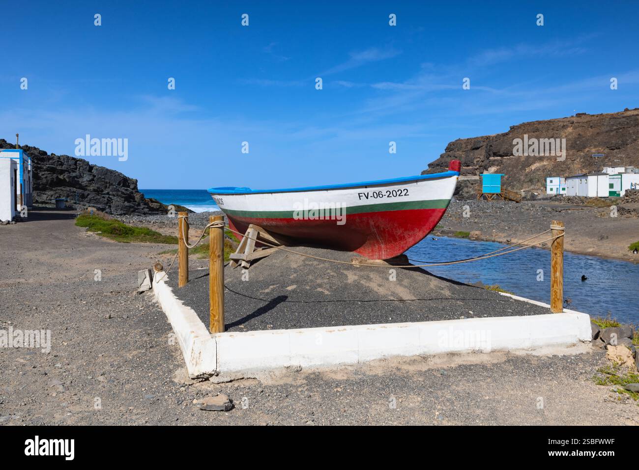 Spanish wooden fishing boat in the beach in Los Molinos, Fuertev Stock ...