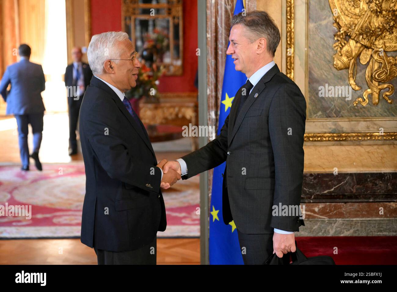 European Council President Antonio Costa, left, greets Slovenia's Prime Minister Robert Golob as ...