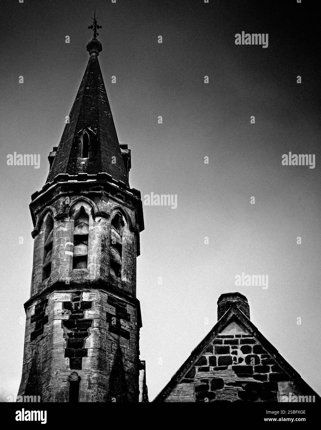 Black and white picture of a Victorian Gothic Tower on an old church ...