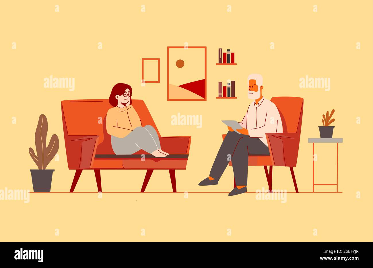 Vector illustration showing a psychotherapy session where a girl shares ...