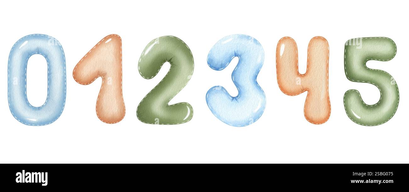 Watercolor illustration of a set of numbers. Multi-colored numbers ...