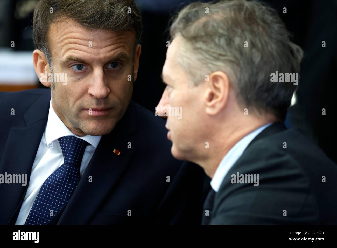 French President Emmanuel Macron, left, speaks with Slovenia's Prime ...