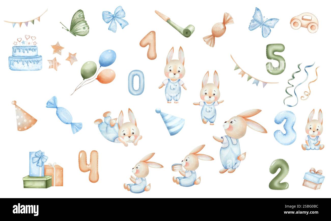 Bunny, Butterflies, numbers, cake, cap, whistle, balloons, gold stars ...
